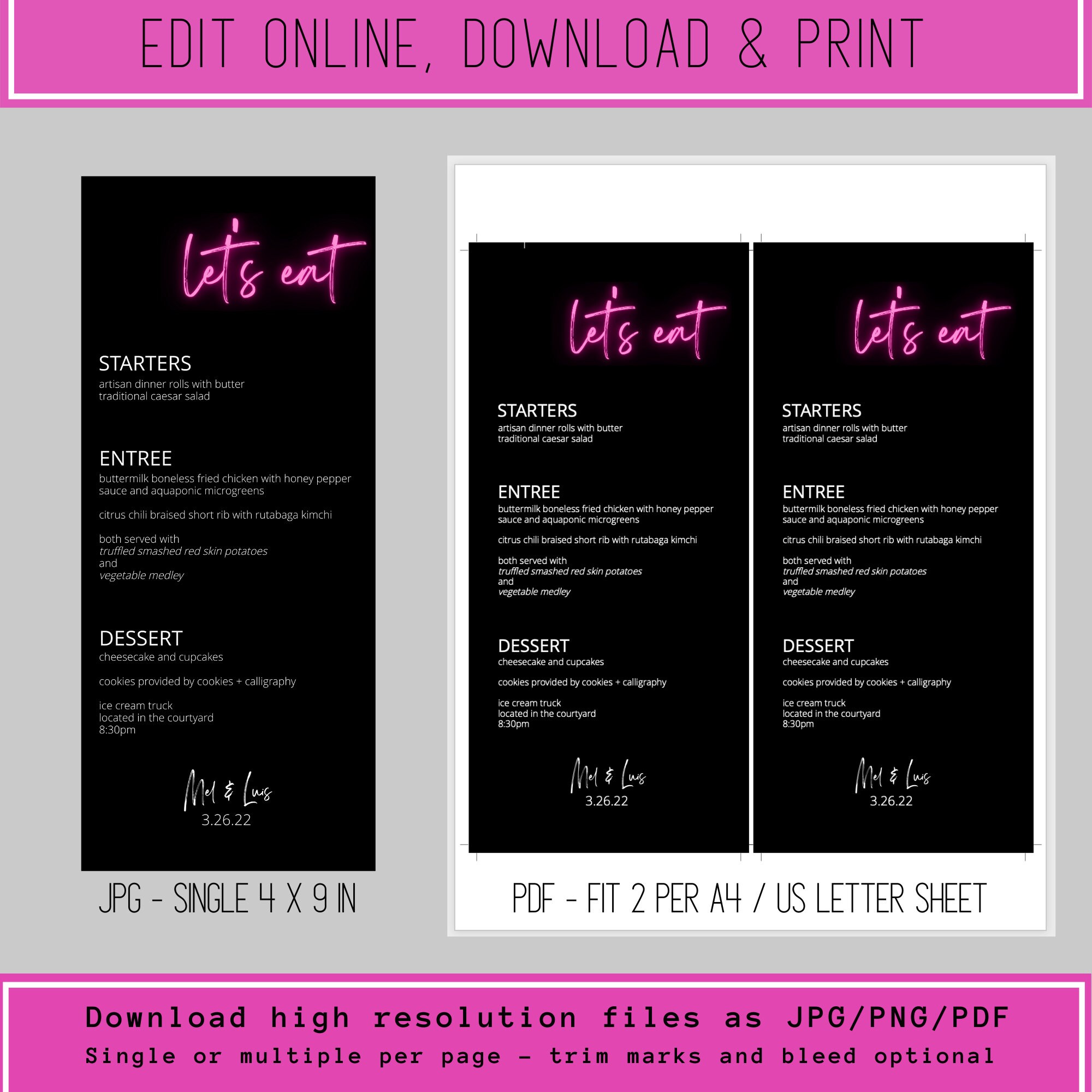 EDITABLE Pink Neon Flat Menu Card Printable, Modern Wedding or Party ...