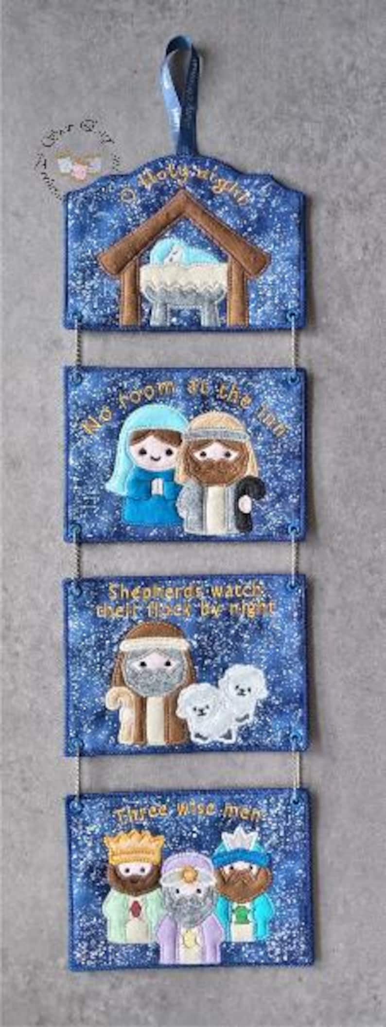 Nativity Away in a Manger Sign, 4 Pieces Applique Embroidery . Each ...