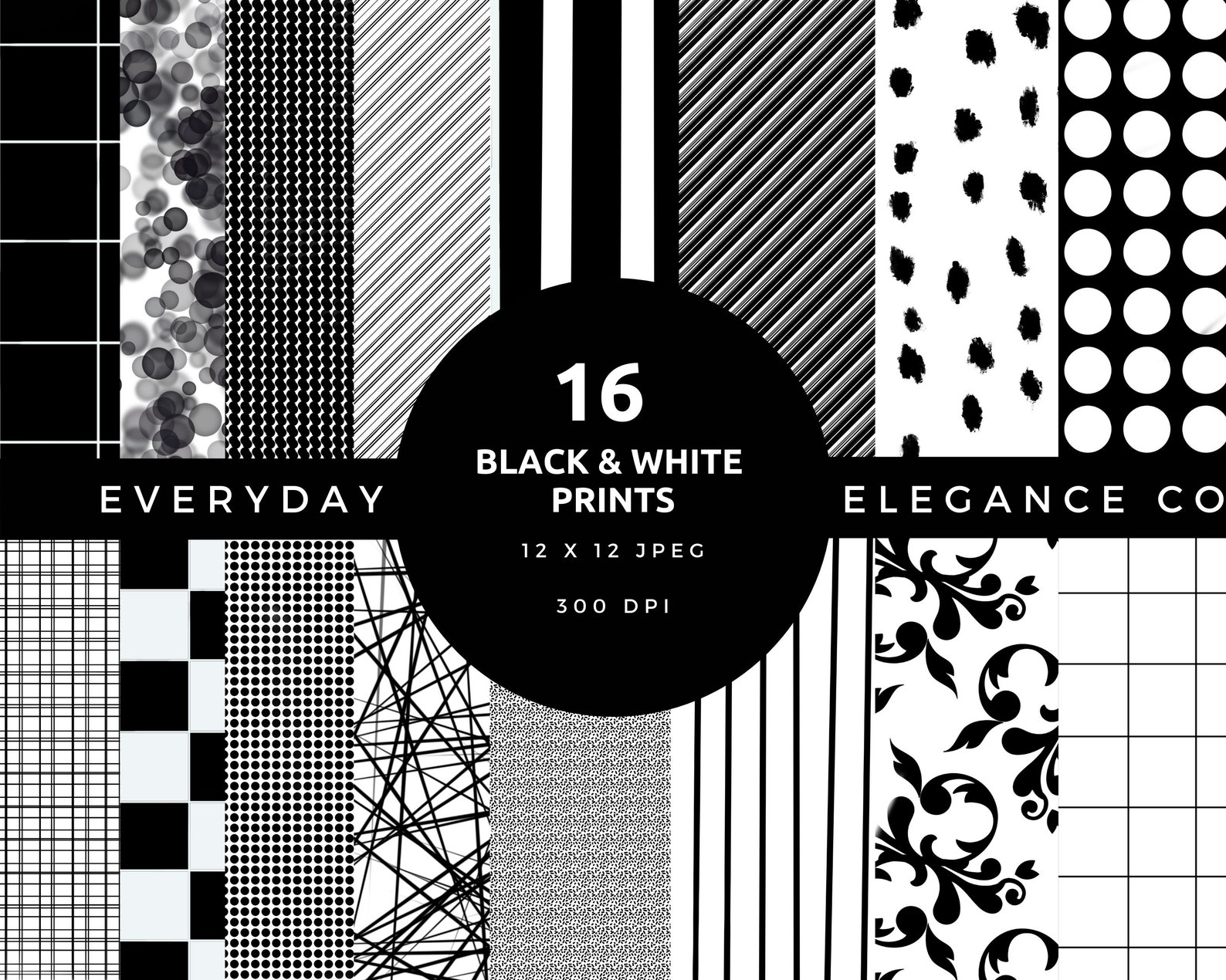 Black and White Digital Scrapbook Paper, Checkered, Grid, Stripes ...