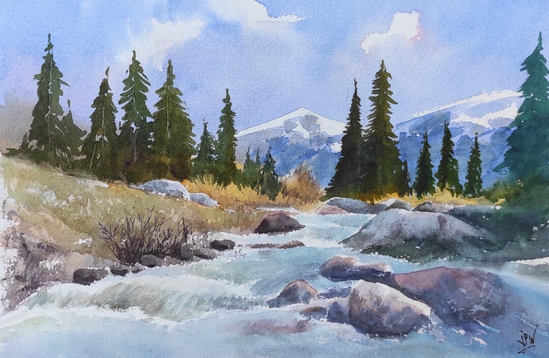 Landscape Spring Scene Watercolor Mountains Painting - Etsy