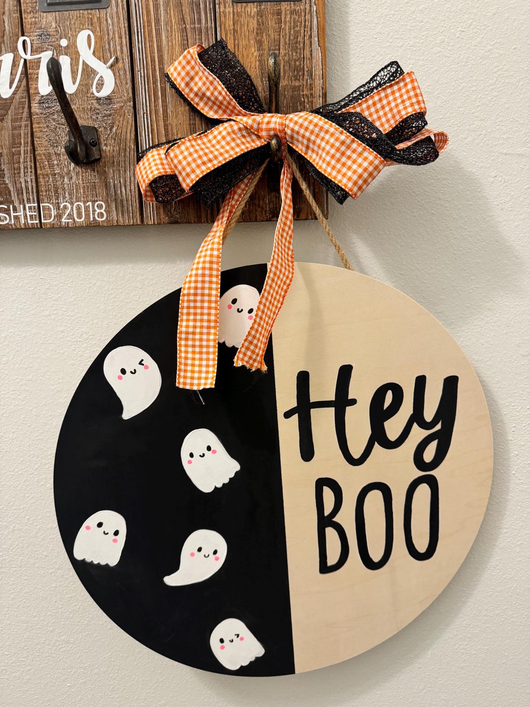 Hand Painted Halloween “hey Boo” Wood Door Sign | Cute Ghost Fall Porch ...