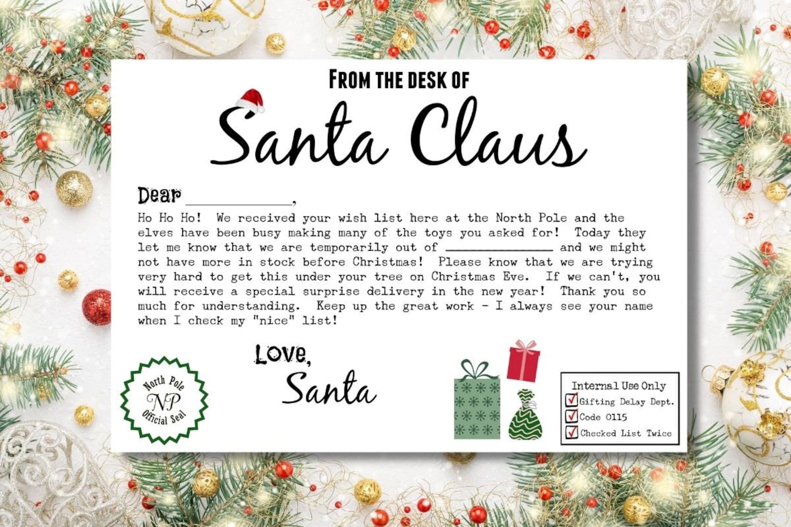 Printable Santa IOU Letter | Christmas Eve | Letter to Kids | Letter ...