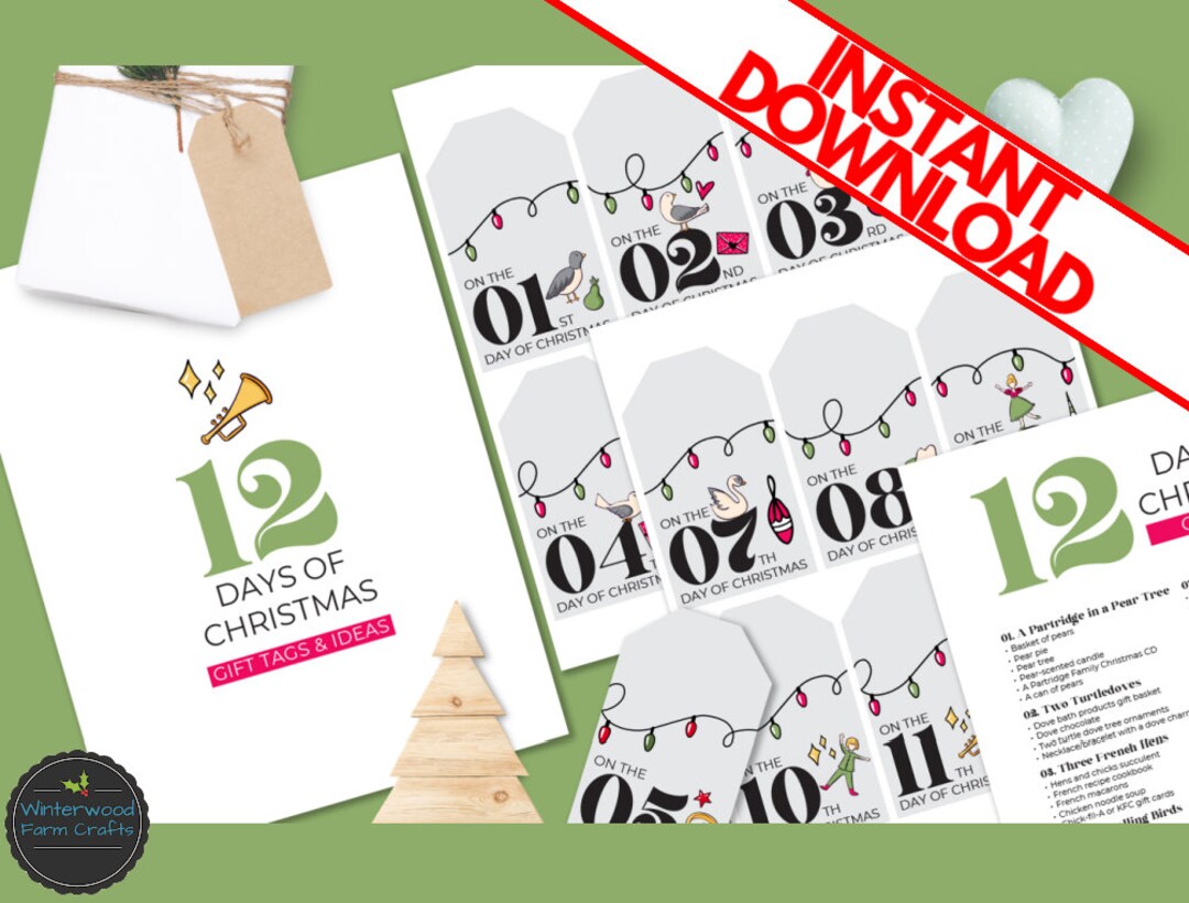 12 Days of Christmas Printable Gift Tags Set + Idea Guide | DIY Holiday ...