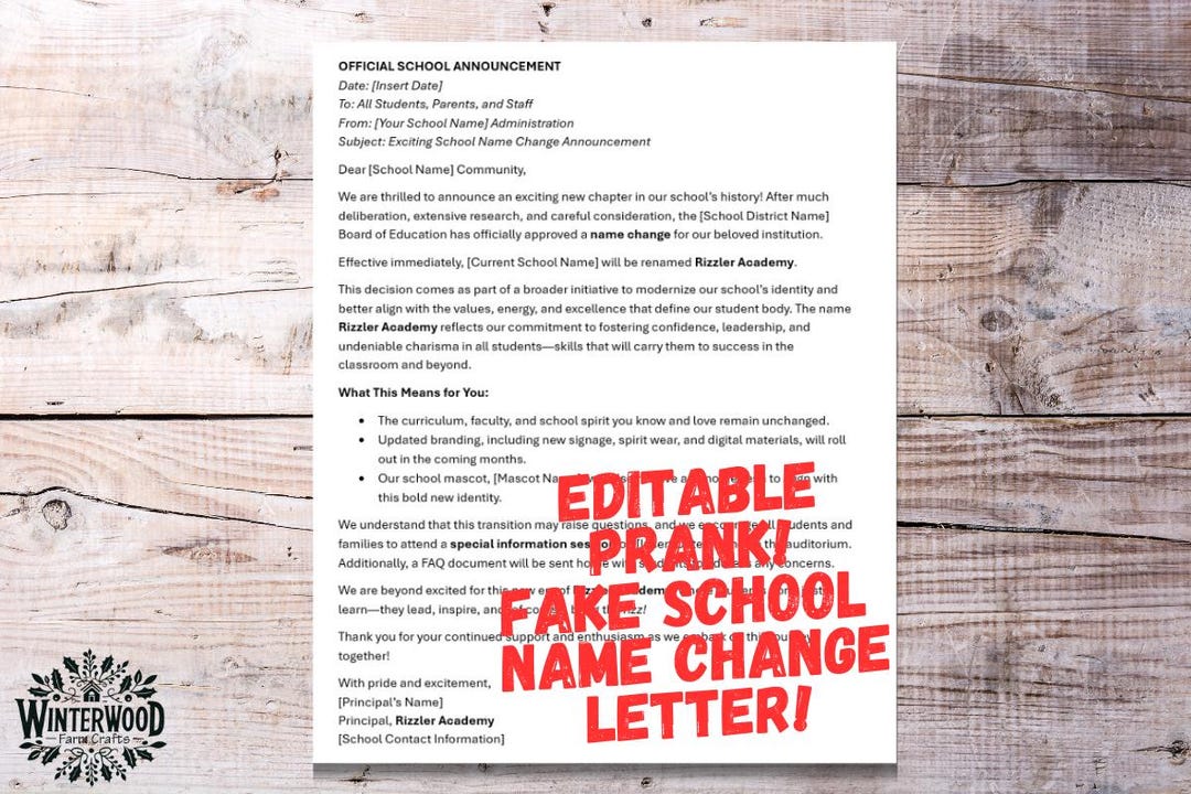 April Fools Prank School Name Change Letter RIZZLER ACADEMY | Editable ...