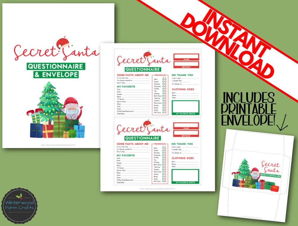 Printable Secret Santa Questionnaire and Envelope Set | Christmas Gift ...