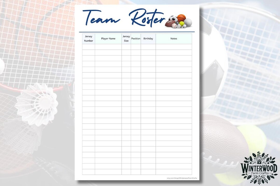 Sports Team Roster Printable | Travel Tournament Player Chart | Coach ...