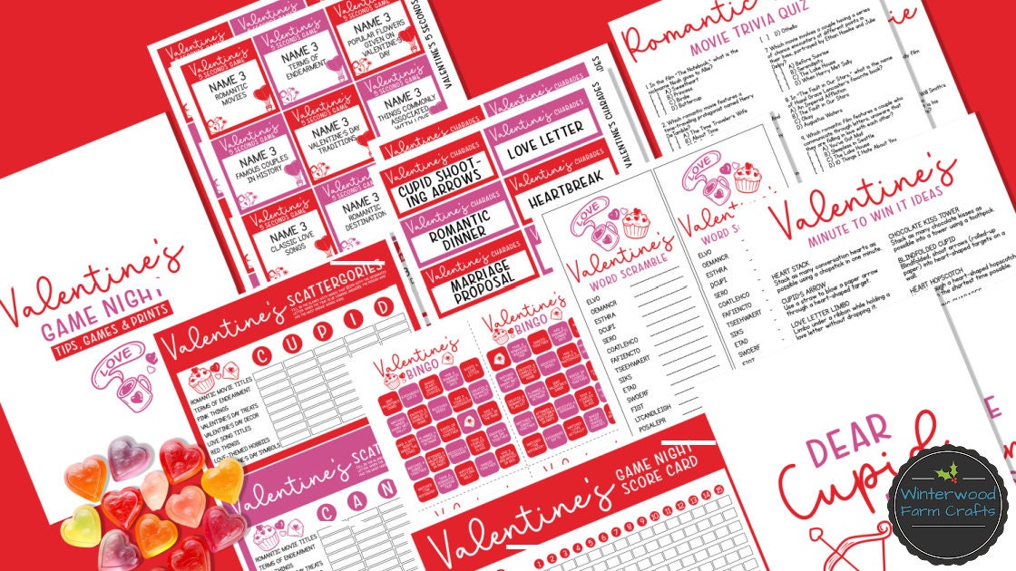 Printable VALENTINE'S DAY Party GAMES Pack Scattergories Bingo Trivia ...