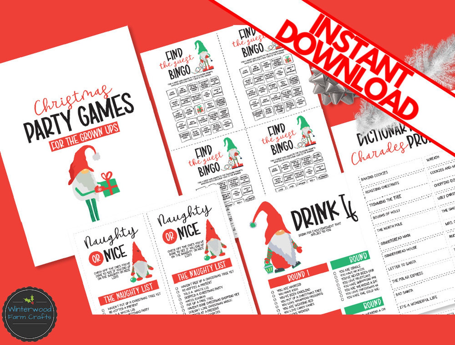 Printable ADULT PARTY GAMES for Christmas Party Pack | Pictionary Bingo ...