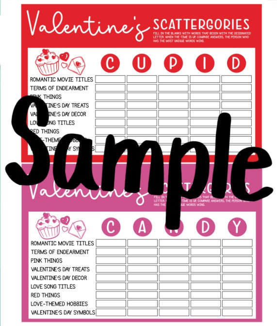 Printable VALENTINE'S DAY Party GAMES Pack | Scattergories Bingo Trivia ...