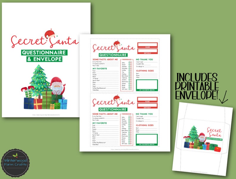 Printable Secret Santa Questionnaire and Envelope Set | Christmas Gift ...