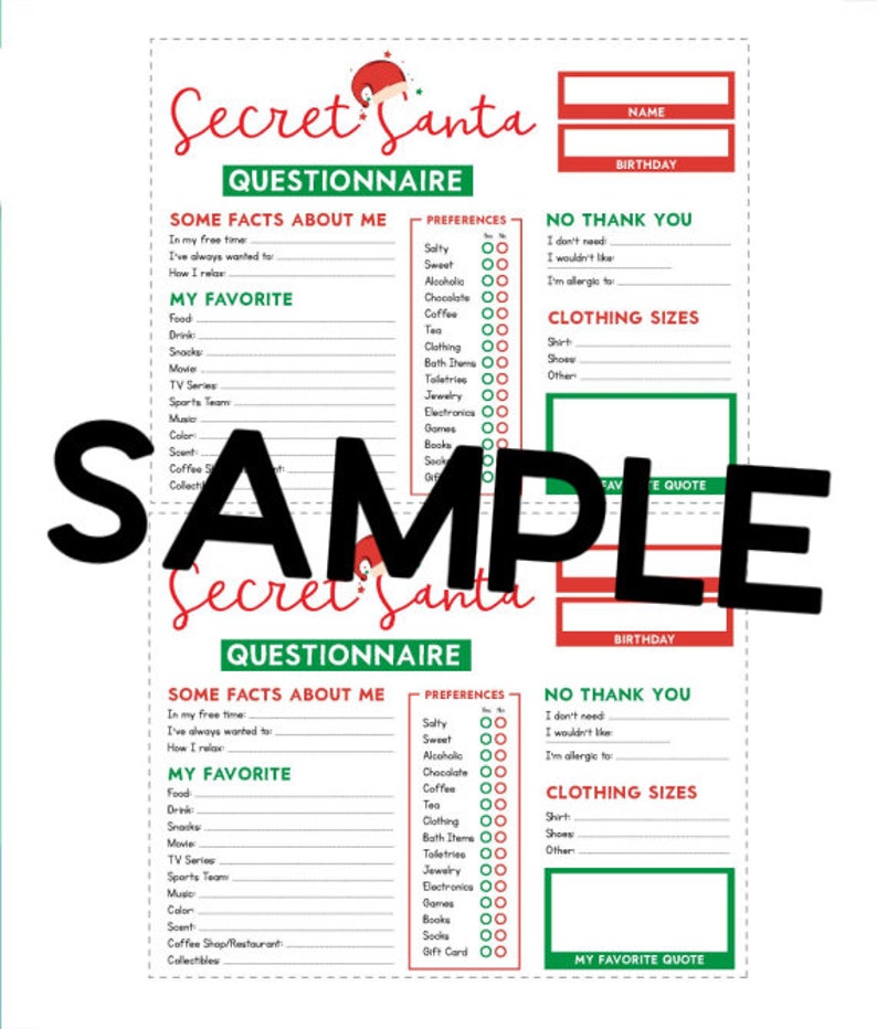 Printable Secret Santa Questionnaire and Envelope Set | Christmas Gift ...