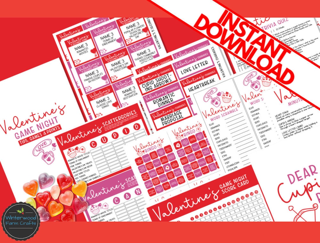 Printable VALENTINE'S DAY Party GAMES Pack | Scattergories Bingo Trivia ...