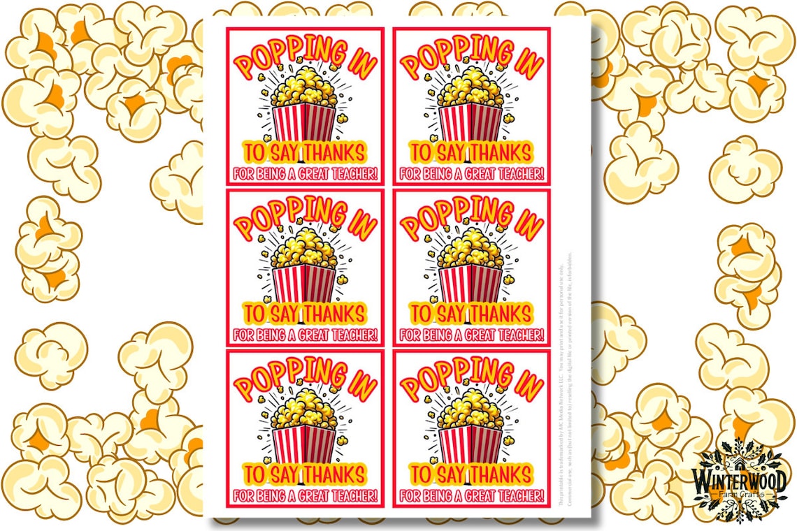 Teacher POPCORN Themed PRINTABLE Gift Tag Teacher Appreciation Thank ...