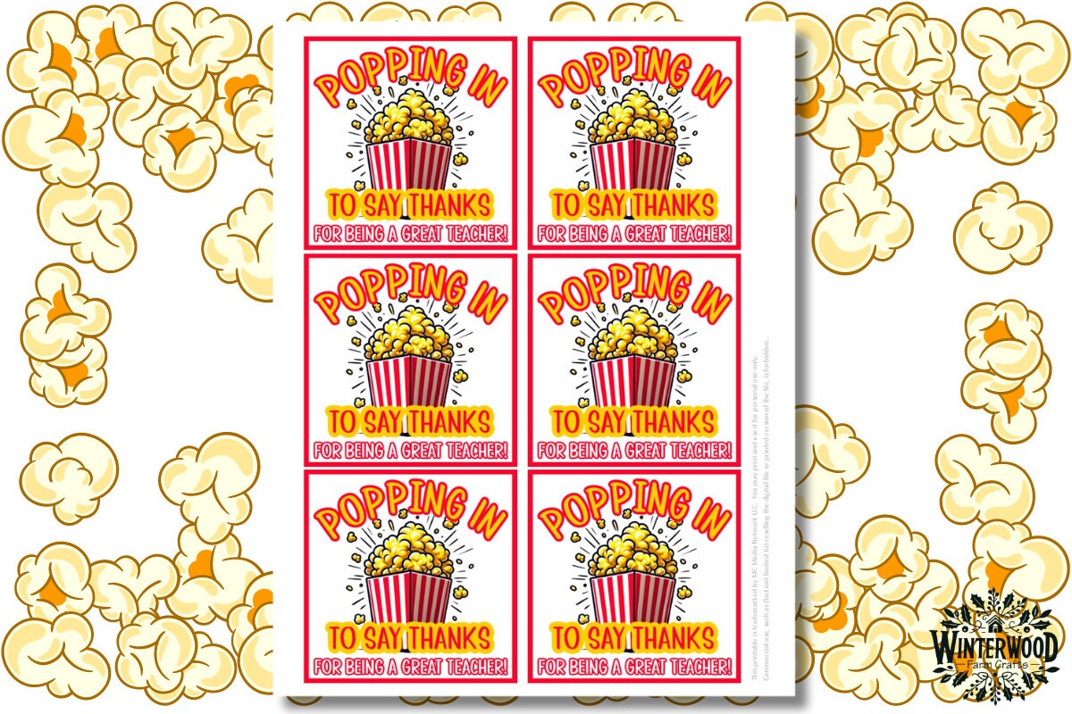 Teacher POPCORN Themed PRINTABLE Gift Tag Teacher Appreciation Thank ...