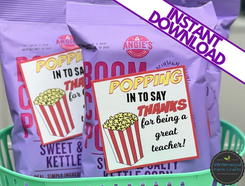 Teacher POPCORN Themed PRINTABLE Gift Tag Teacher Appreciation Thank ...