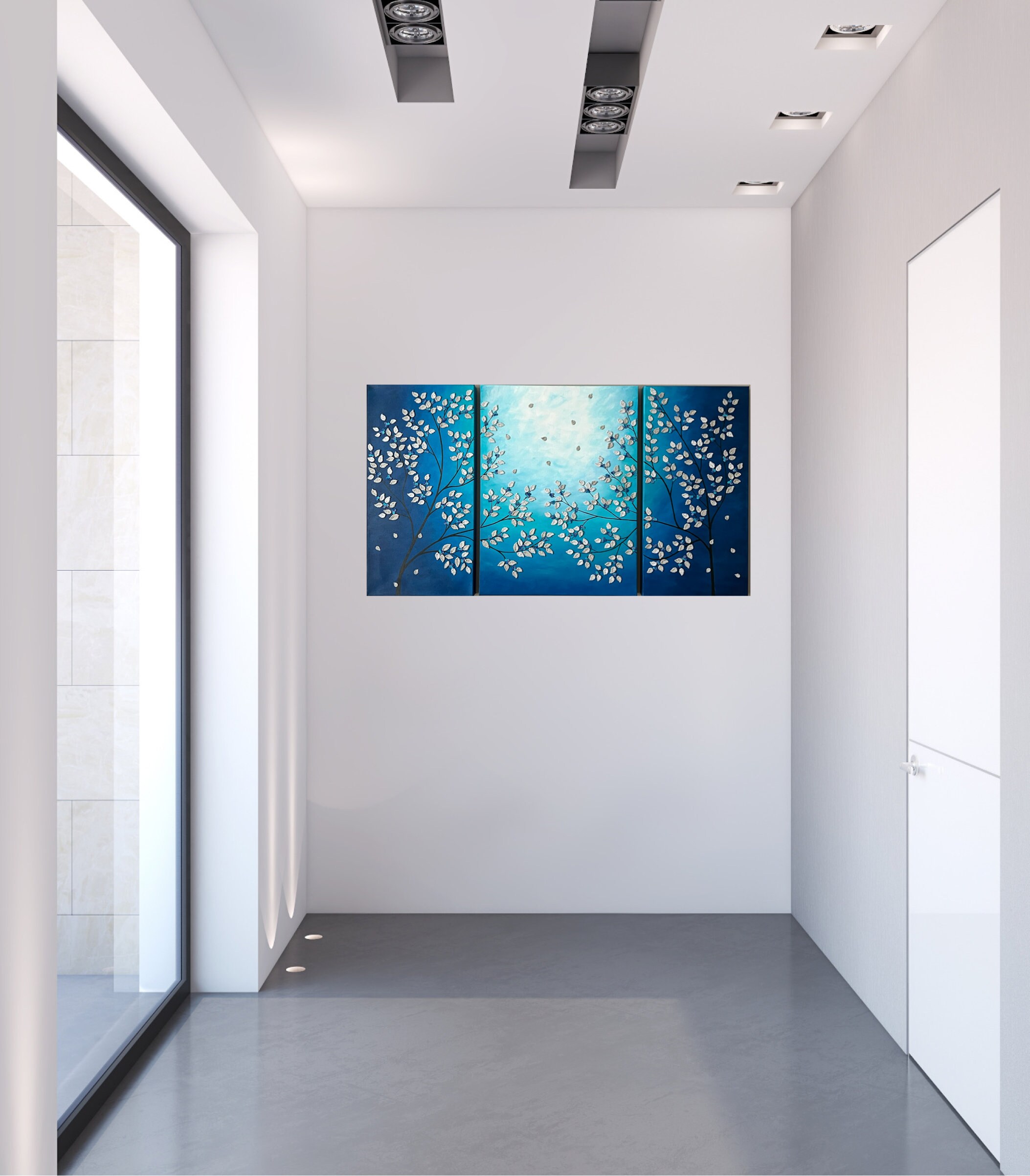 Set of 3 Tree Art Canvas, Abstract Blue Tree Wall Art, Crochet Silver ...