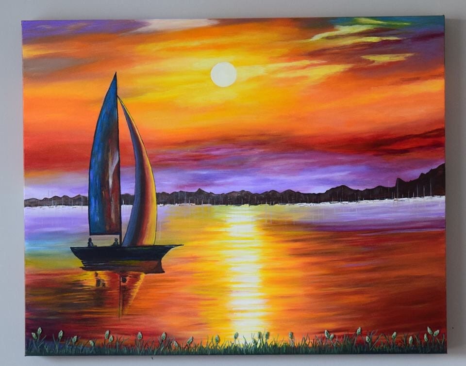 Sailboat Painting, Sunset Artwork, Bright Colorful Art, Yellow Home ...