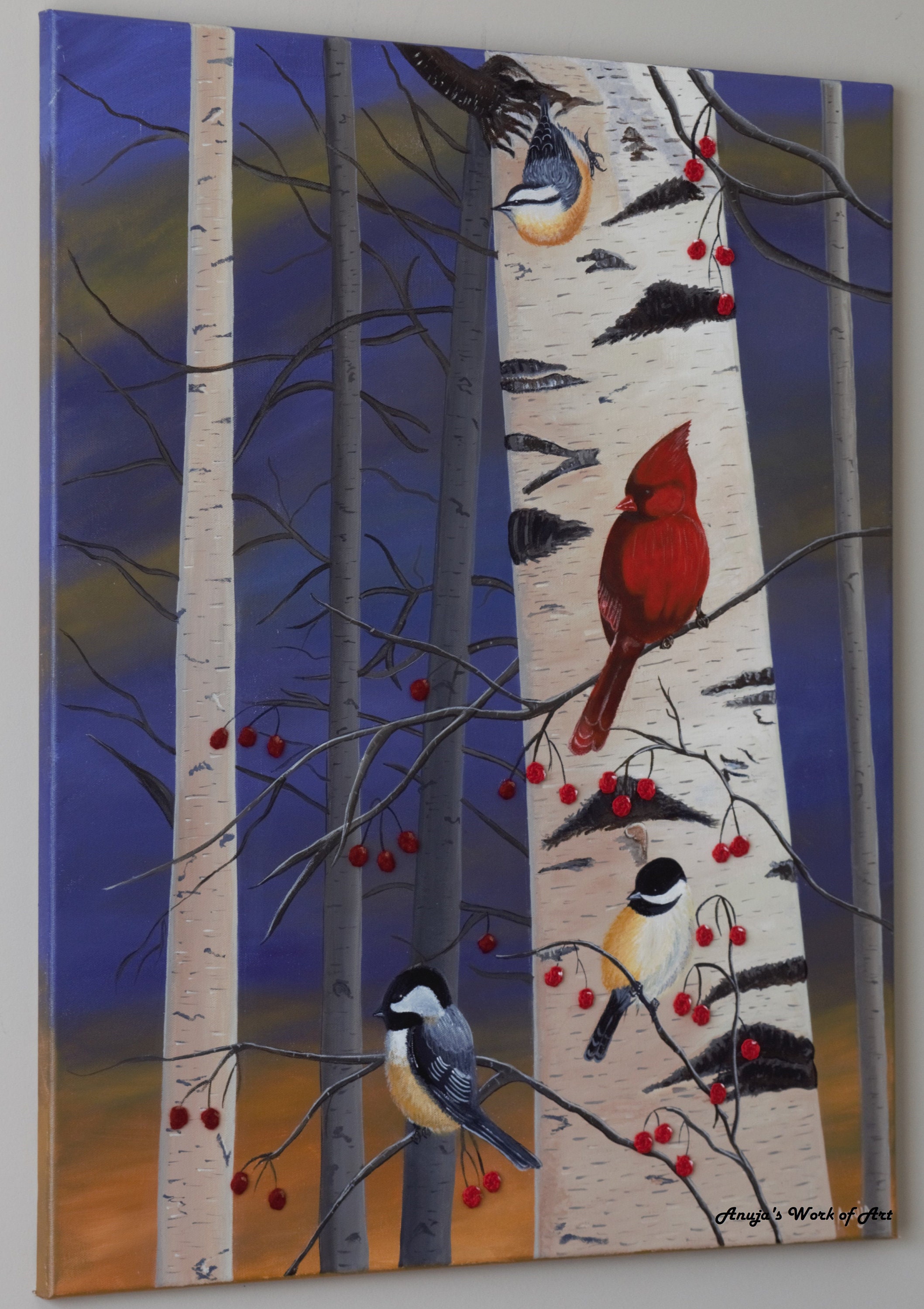 Red Cardinal Bird Artwork Birch Tree Painting. - Etsy