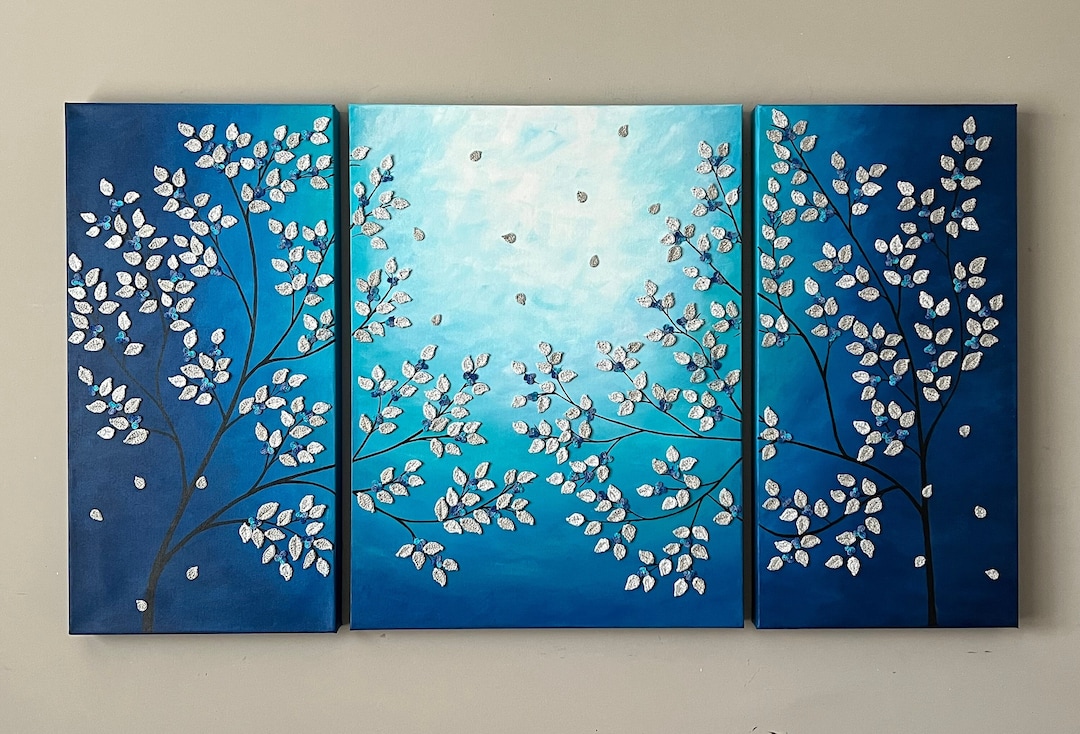 Set of 3 Tree Art Canvas, Abstract Blue Tree Wall Art, Crochet Silver ...