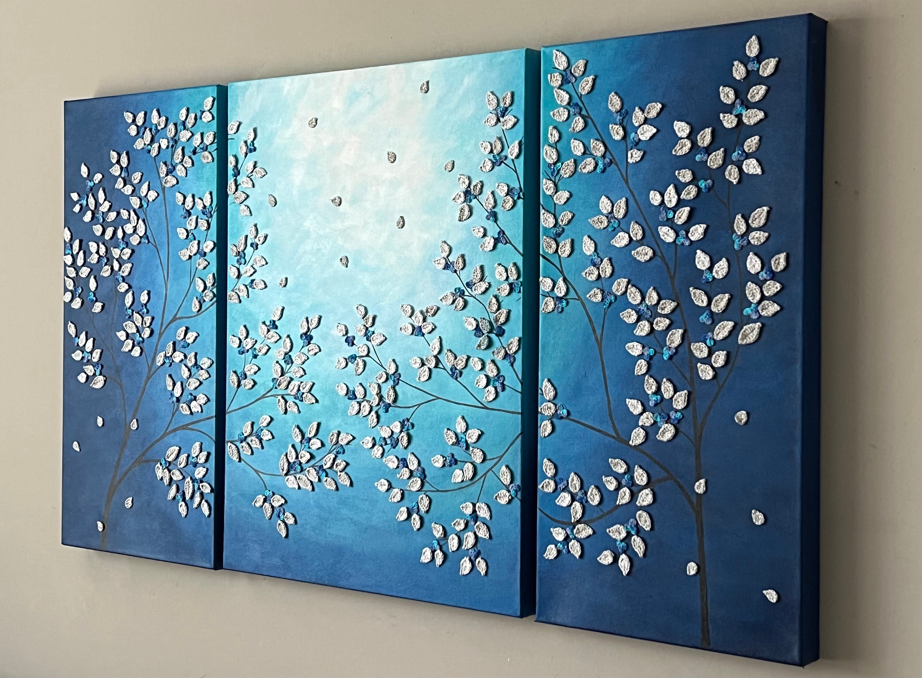 Set of 3 Tree Art Canvas, Abstract Blue Tree Wall Art, Crochet Silver ...