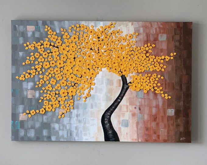 Yellow Tree Painting Yellow Gray Wall Art Mixed Media Art - Etsy