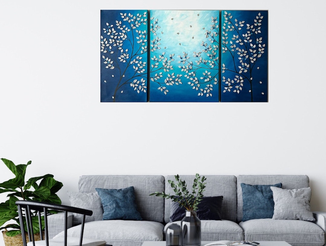 Abstract Blue Tree Canvas Art, Crochet Leaves, Set of 3 - Etsy