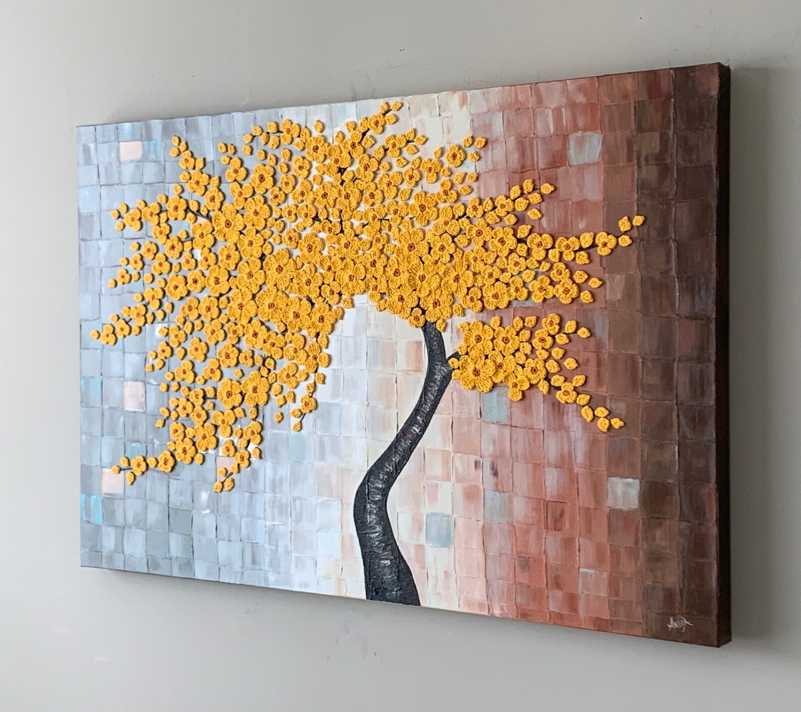 Yellow Tree Painting Yellow Gray Wall Art Mixed Media Art - Etsy