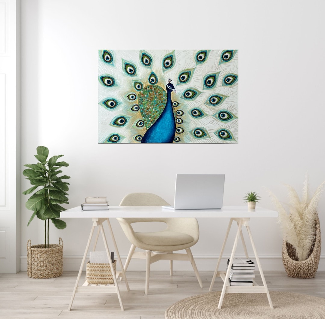 Abstract Peacock Painting, Blue and White Peacock Art, Crochet Peacock ...