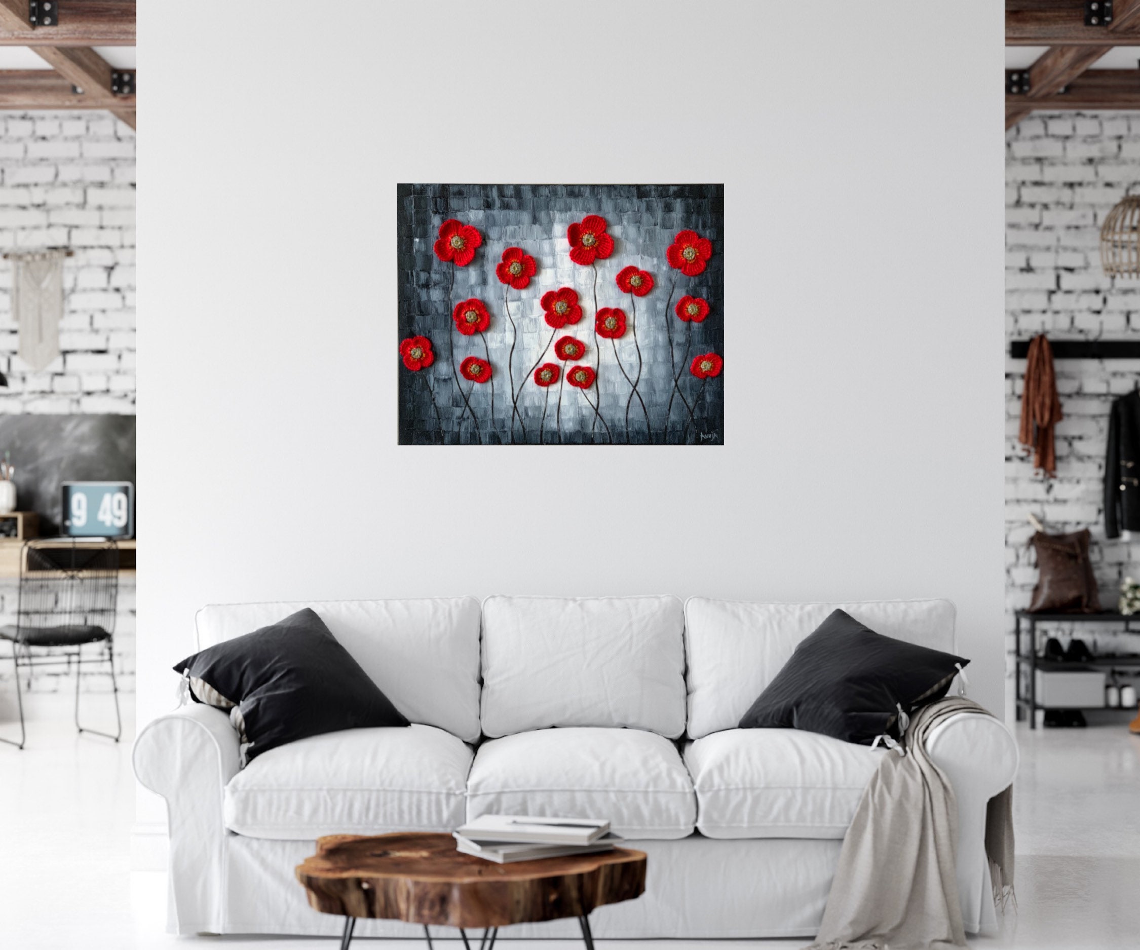 Red Poppy Floral Art Textured Painting Gray Wall Decor. - Etsy