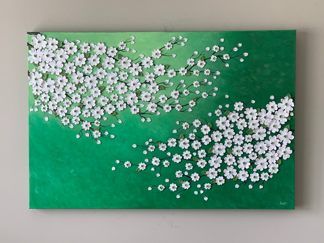 Dogwood Flower Art, White Floral Art, Crochet Dogwood Blossoms, Green ...