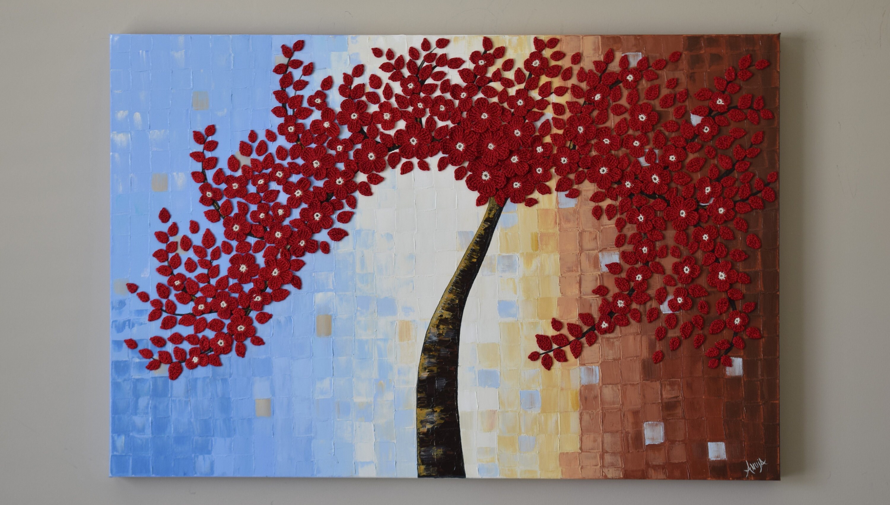 Abstract Tree Painting, Red Floral Wall Art, Palette Knife Art ...