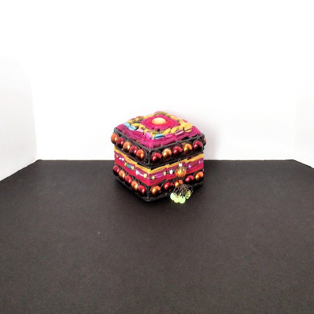 Pink Beaded Trinket Box, Ornate Ring Holder, Vintage Metal Jewelry Box ...