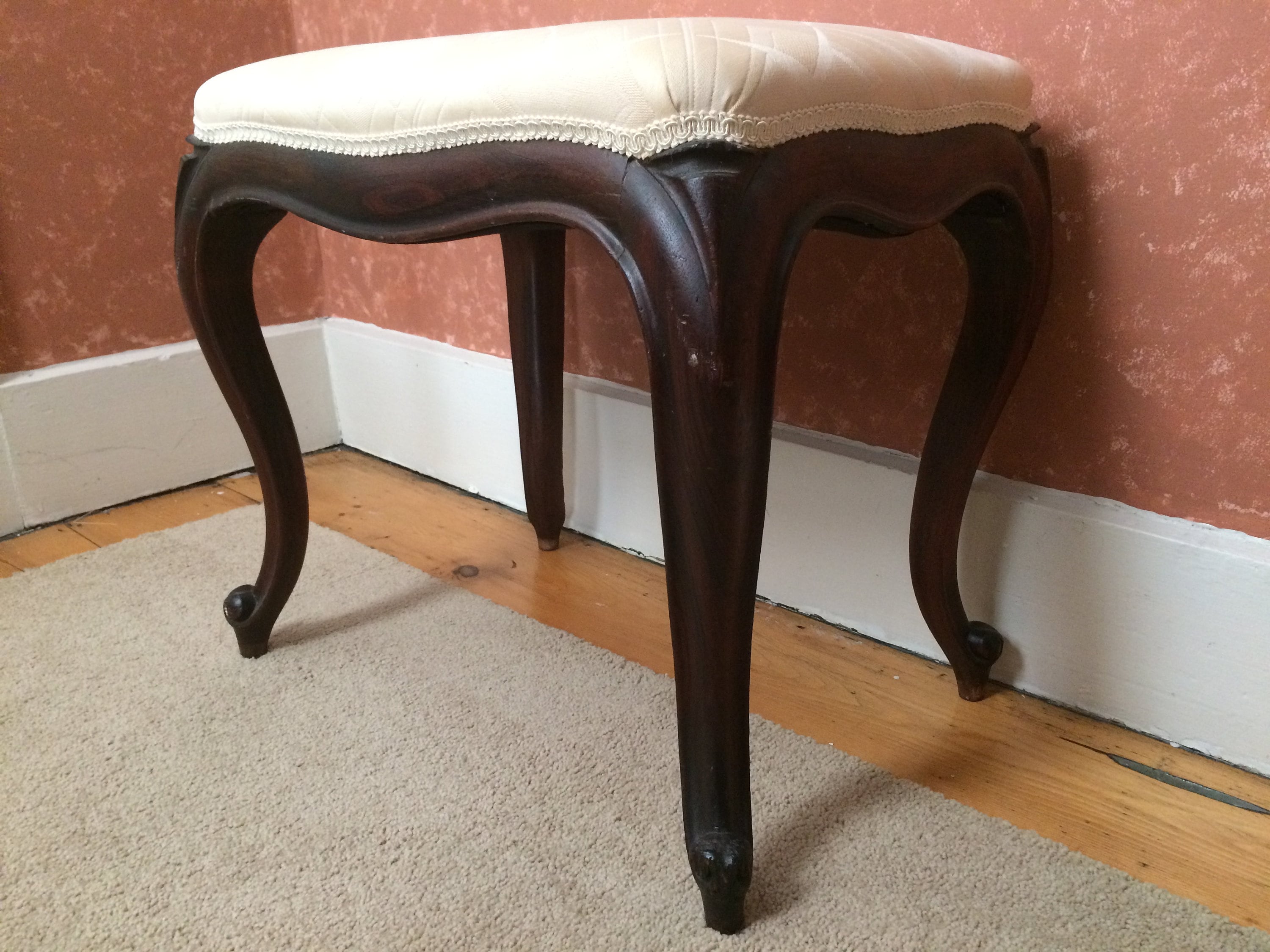 Antique Upholstered Window Stool / Window Seat / Cream Fabric / Walnut ...