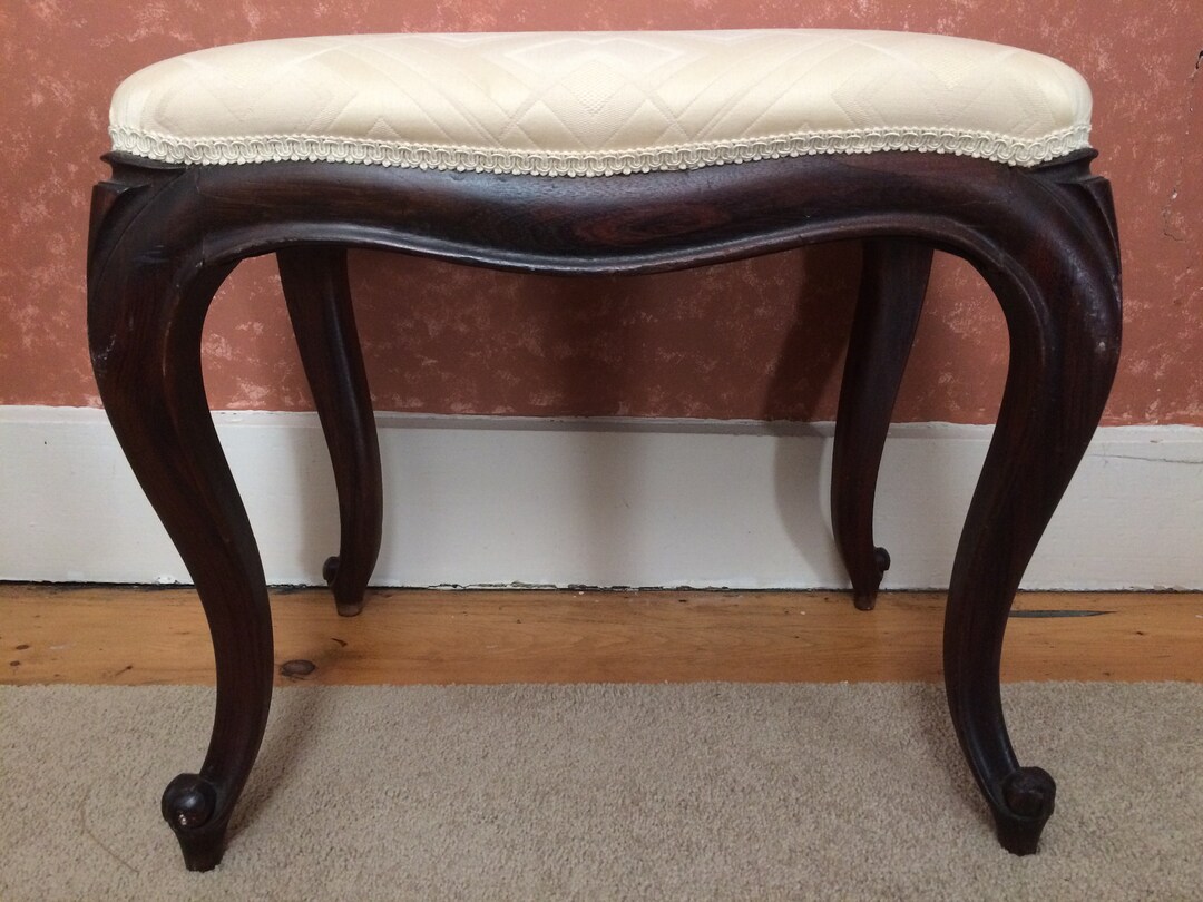 Antique Upholstered Window Stool / Window Seat / Cream Fabric / Walnut ...