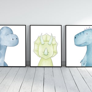 Digital - Blue Dinosaur Print Set, Dinosaur Decor, Dinosaur Nursery Art ...