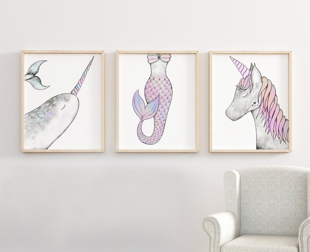 Unicorn Narwhal Mermaid Printable Girls Room Print Set, Girls Room Art ...
