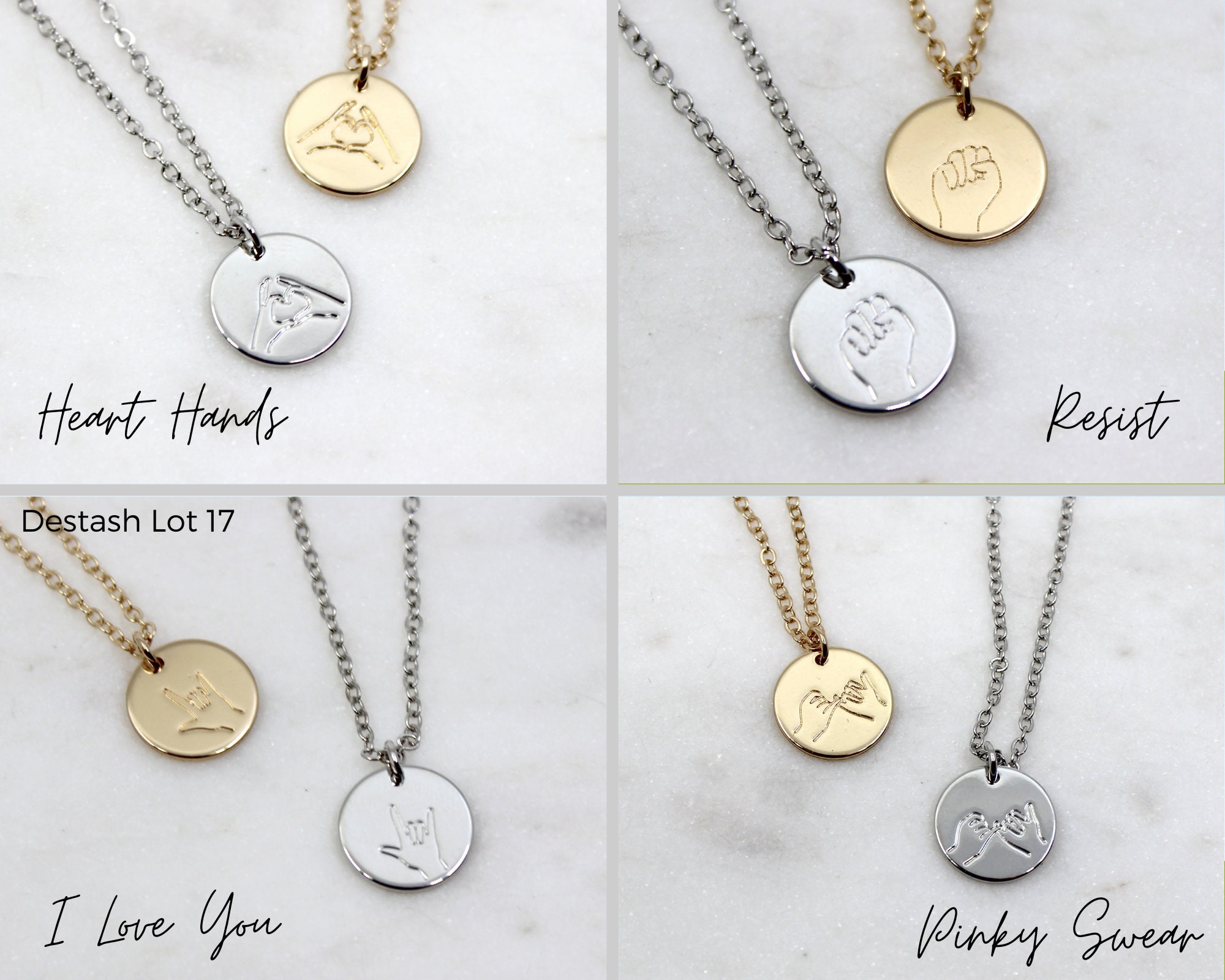 Engraved Hand Gestures Necklaces | Gold or Silver Finish | I Love You ...