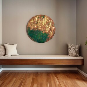 Round Green Abstract Wall Art | Textured Gold Leaf Canvas | Large ...
