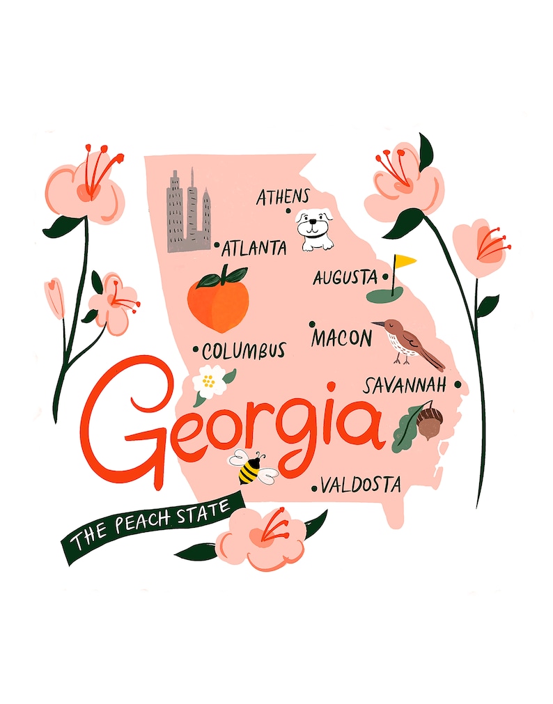 Georgia Map Art Print: Illustrated Peach State Wall Decor - Etsy