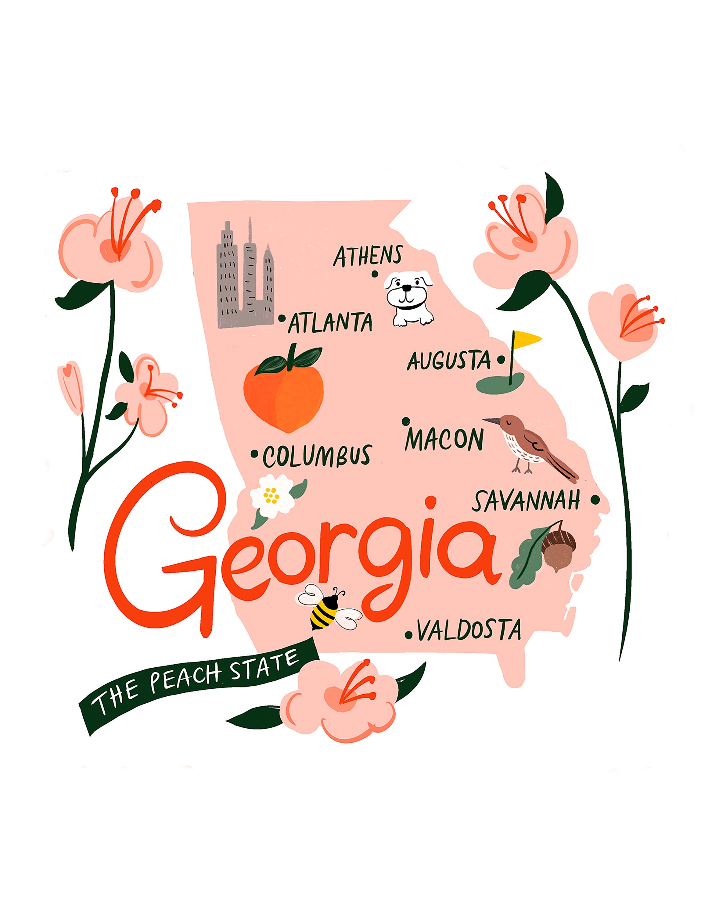 Georgia Map Art Print: Illustrated Peach State Wall Decor - Etsy