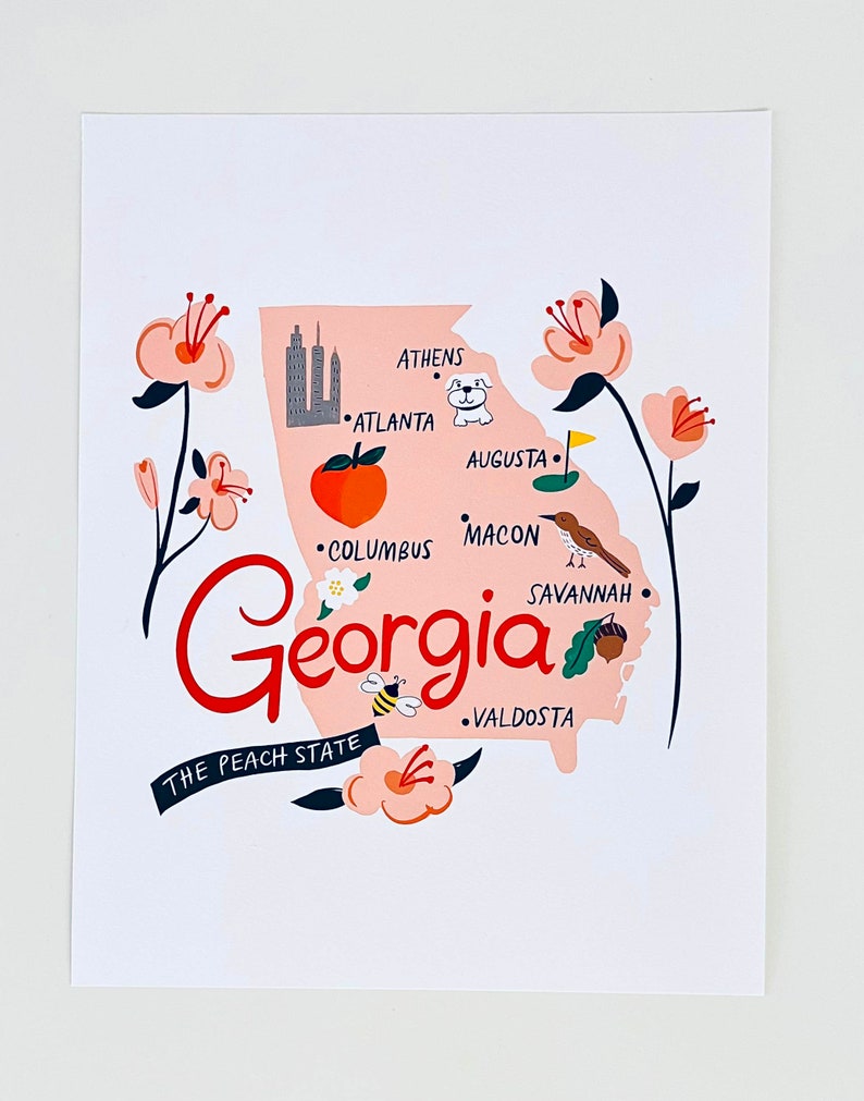 Georgia Map Art Print: Illustrated Peach State Wall Decor - Etsy
