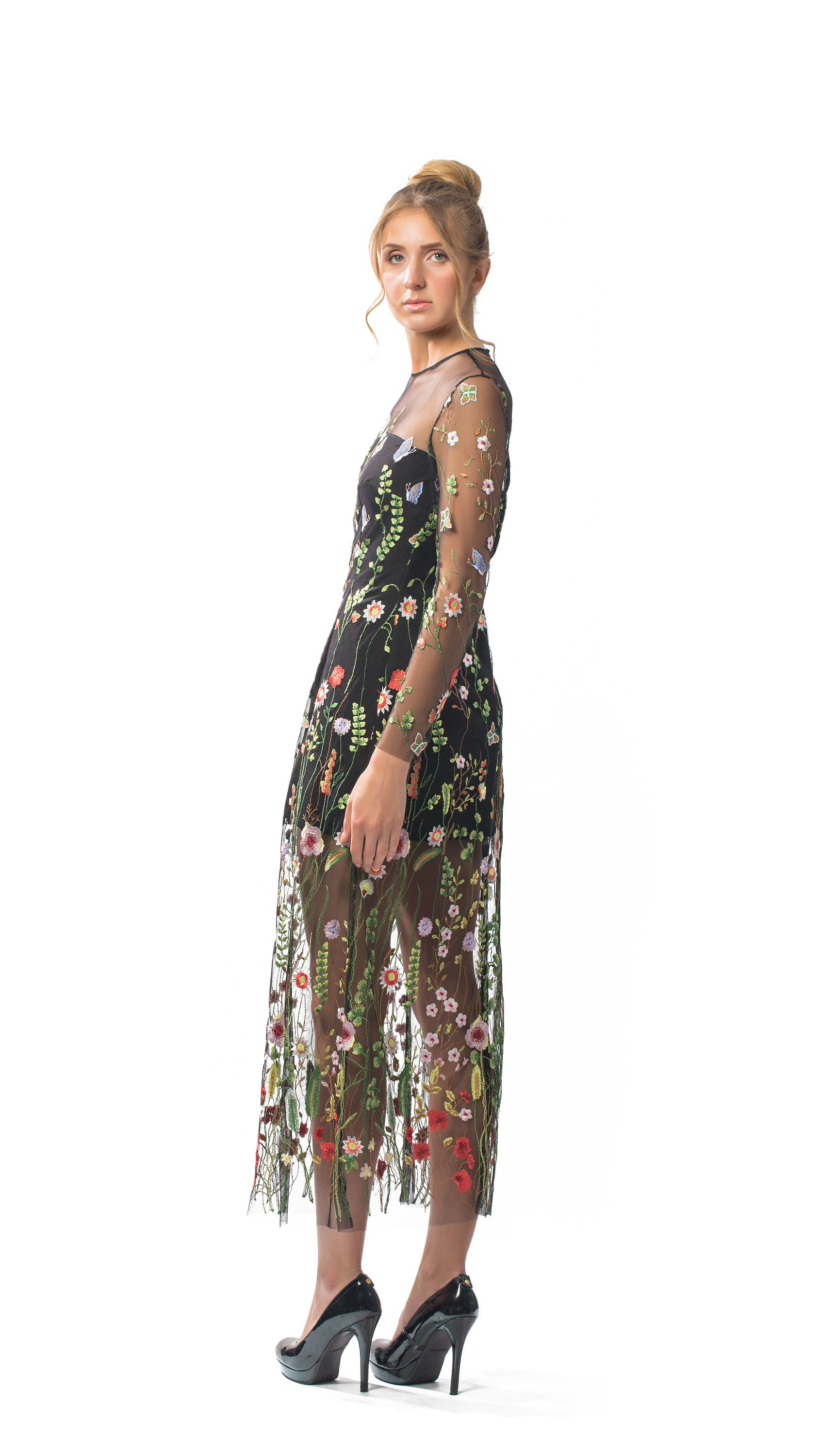 Alexandra Embroidered Floral Long Sheer Column Dress - Etsy