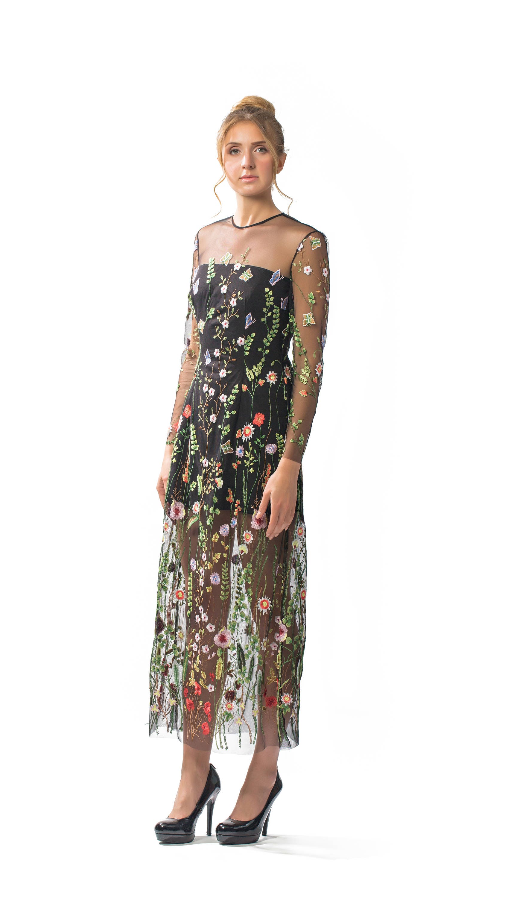 Alexandra Embroidered Floral Long Sheer Column Dress - Etsy