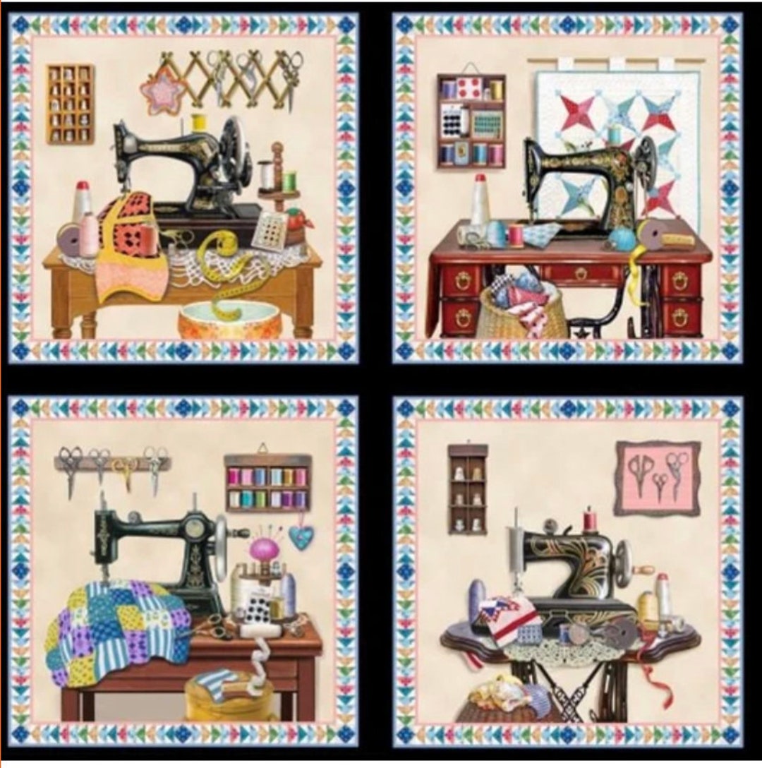 Fabric Block Vintage Sewing Room Cotton Fabric Sewing Machine Panel - Etsy