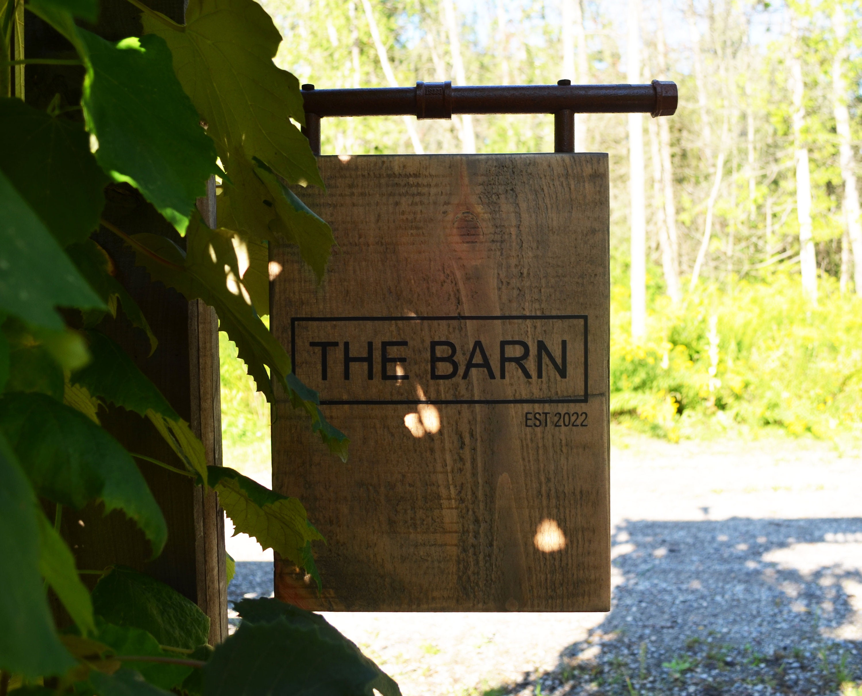 The Barn Two-sided Barnboard Sign Custom Rusted Iron Hanging Bracket ...