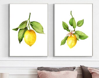 Watercolor Lemon Printable Art Set Digital Download Kitchen | Etsy