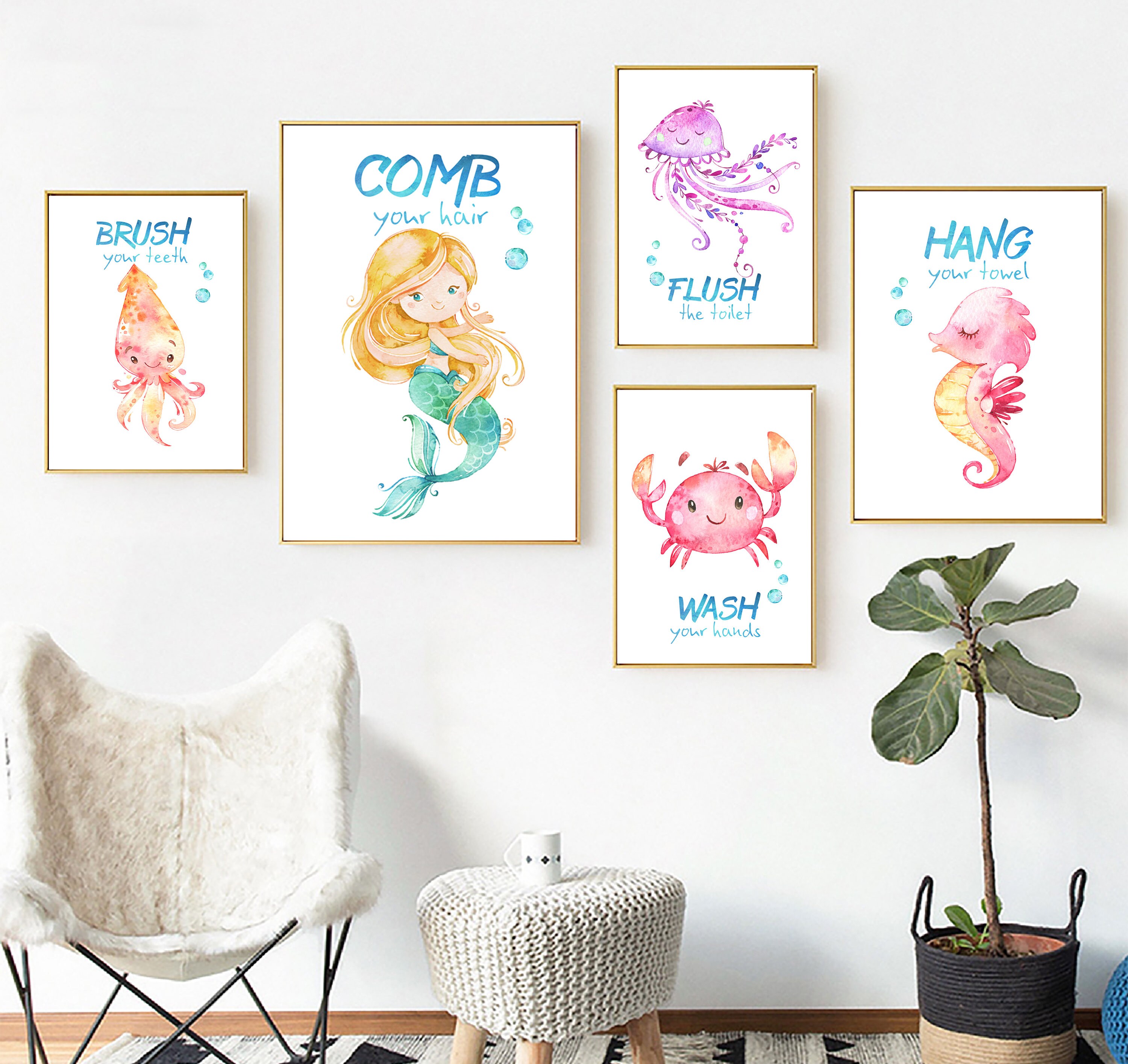 Mermaid and Sea Life Girls Bathroom Art Set Printable | Etsy