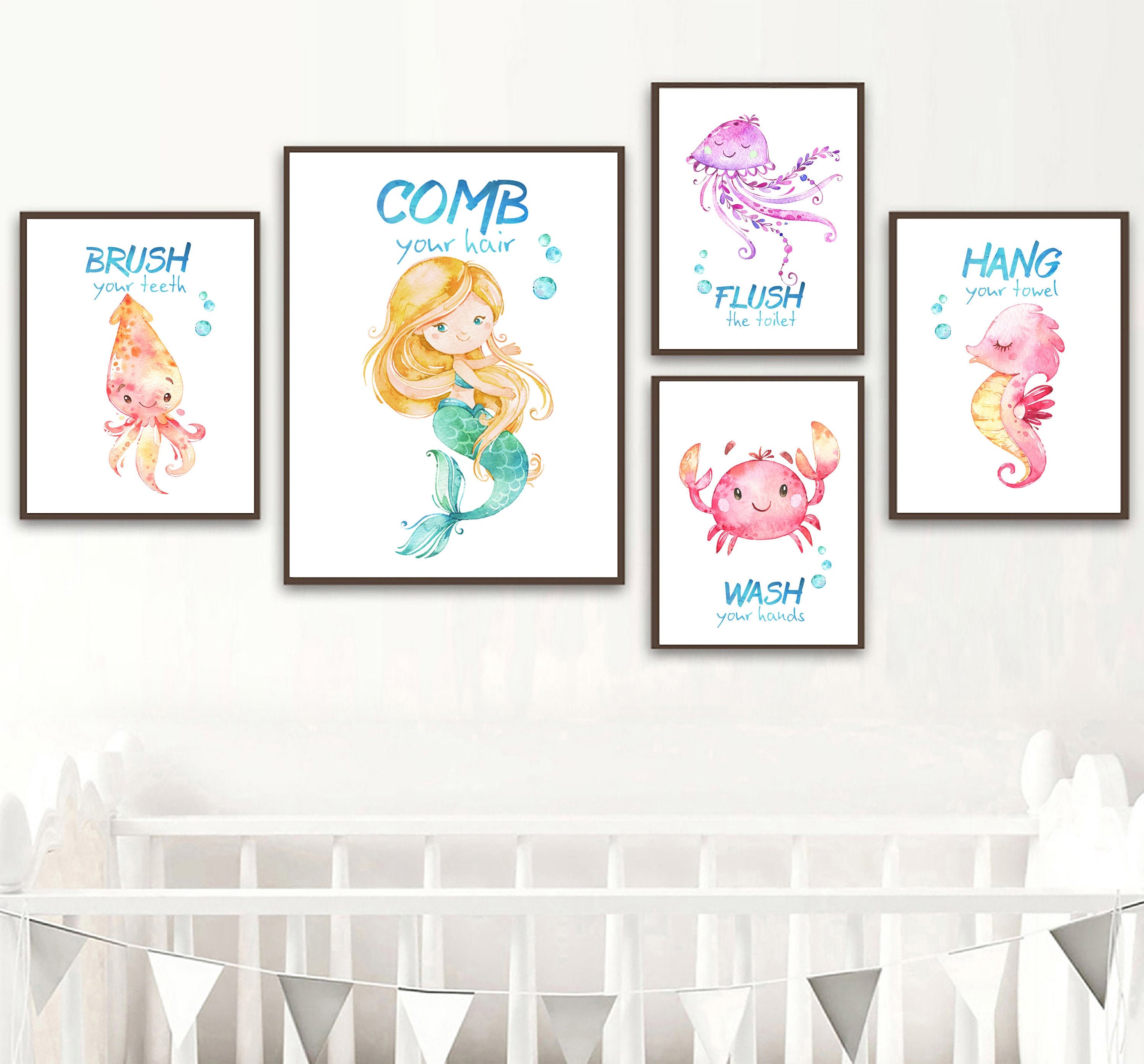 Mermaid and Sea Life Girls Bathroom Art Set Printable | Etsy
