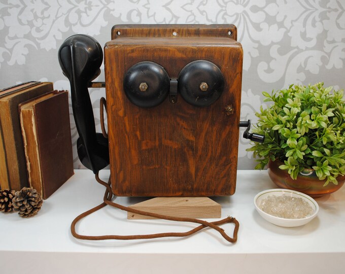 VERY RARE Antique Oak Hand Crank Bell Wall Telephone, Vintage ...