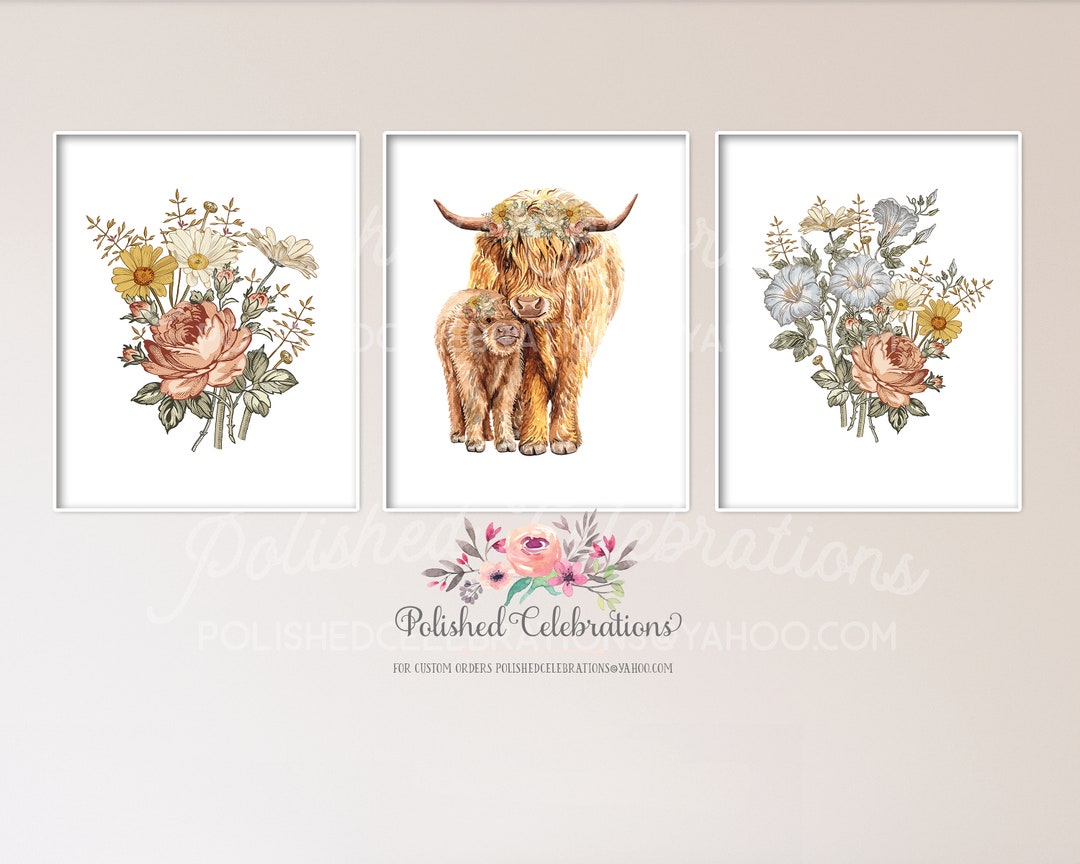 Boho Vintage Highland Cow Calf Nursery Wall Art / Printable Nursery Art ...